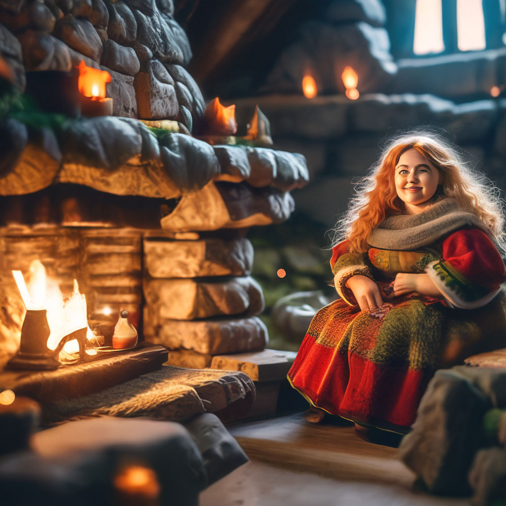 "Fantasy, dwarf life, inside a stone house, dwarf woman by the hearth ...