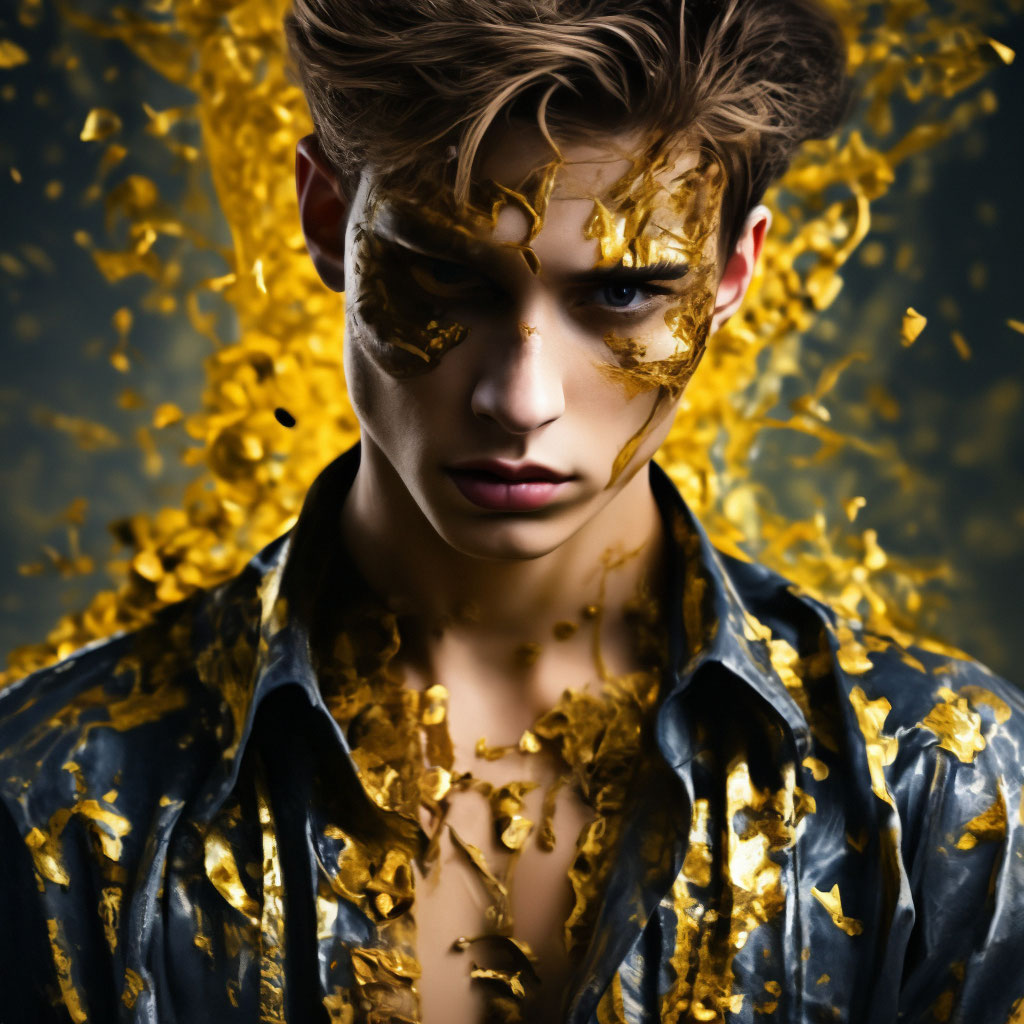 "Young handsome guy, body art, decay, entropy, spilled ink, unbuttoned ...