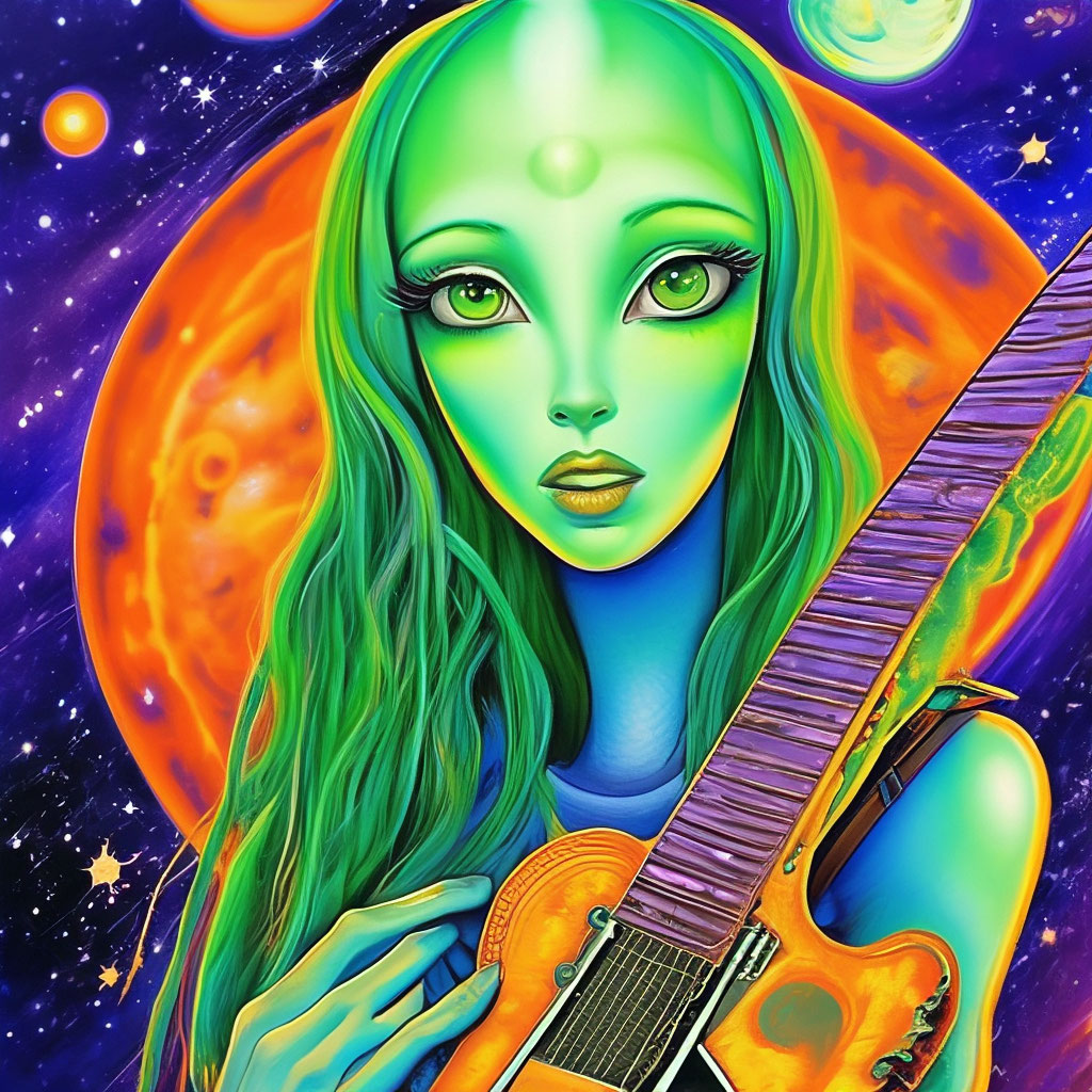 "An alien beautiful Avatar girl, with big green eyes, long eyelashes ...