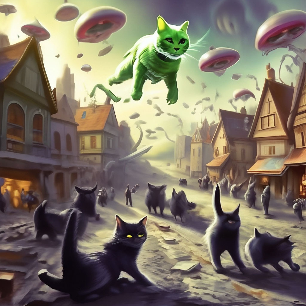 "Invasion of alien cats on the old town" — image created in Shedevrum
