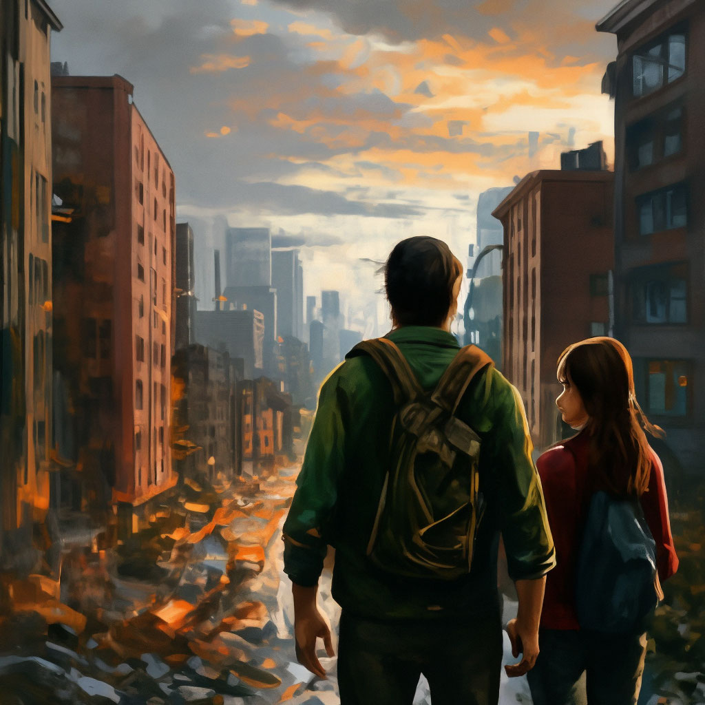 "Sloppy oil sketch, the last of us, Joel and Ellie looking in city ...