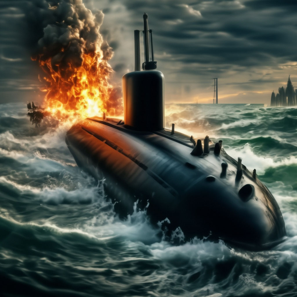 "A combat submarine is fighting underwater, explosions in a circle ...