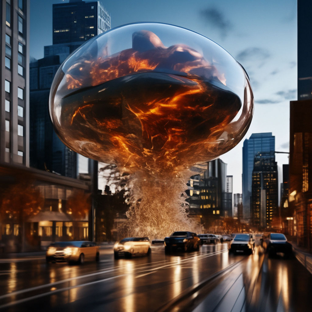 "Huge detailed transparent Giant Amoeba engulfs the city, panoramic ...