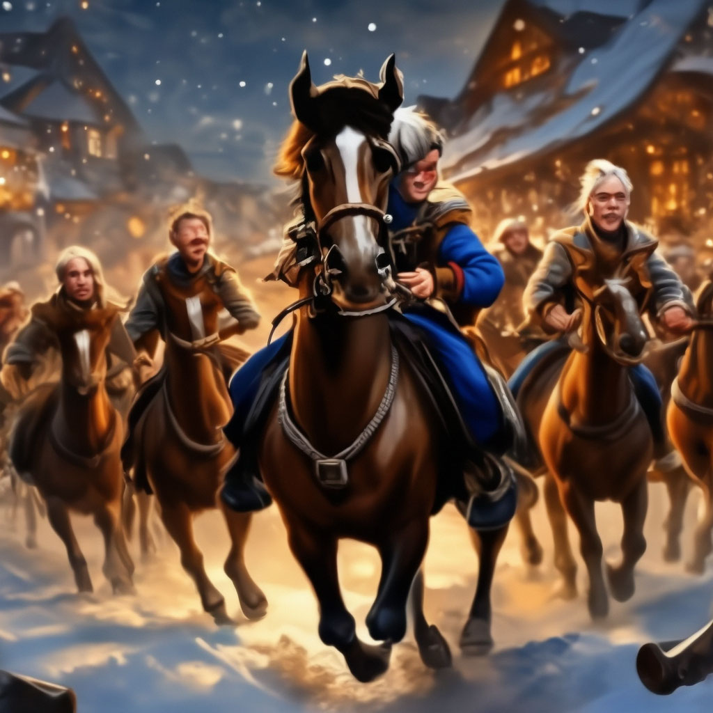 "Cartoon Don Cossacks celebrate the New Year on horseback with sabers ...