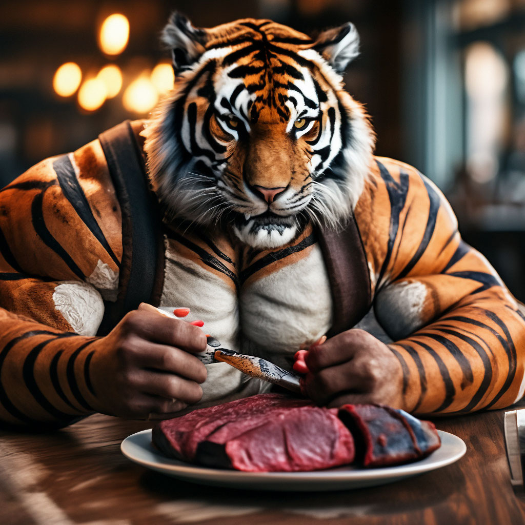 "Muscular anthropomorphic furry tiger bodybuilder eats steak" — image ...