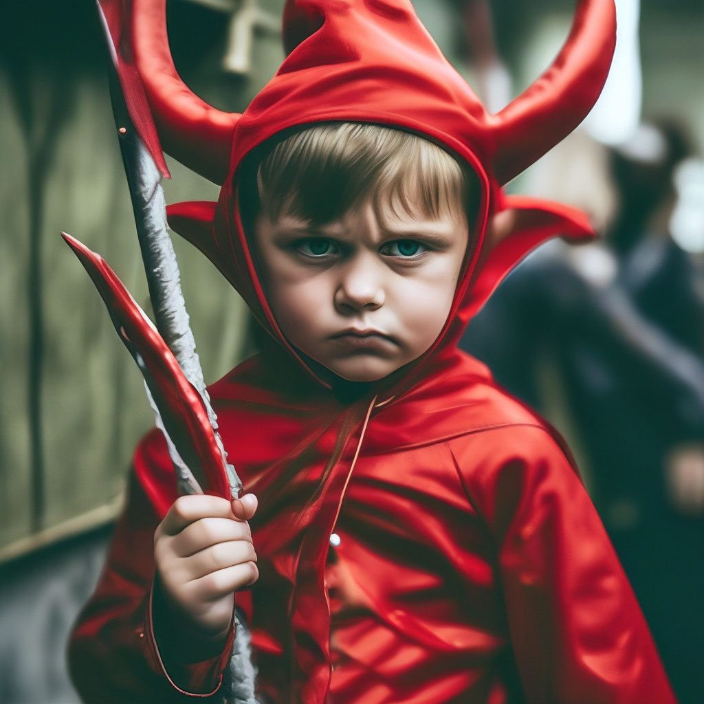 "An eight-year-old boy, dressed in a red imp costume with horns with a ...