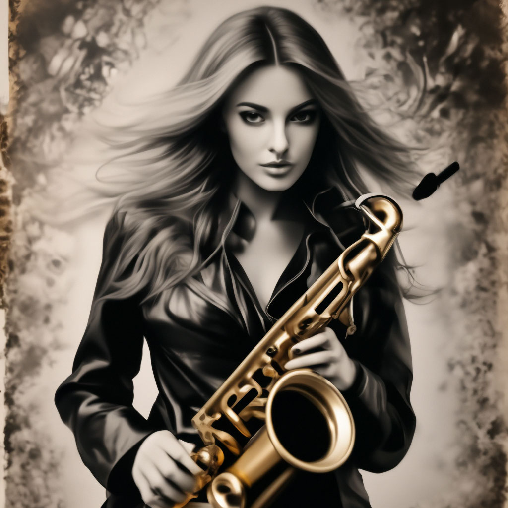 "Sketch graphite ink girl and saxophone convex voluminous" — image ...