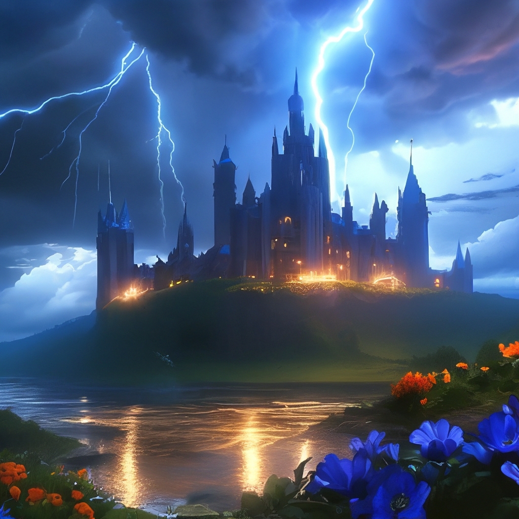"Electric color , Gothic castle, flowers, river, thunder and lightning ...