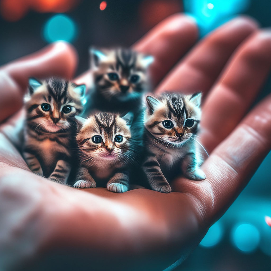 "A handful of micro kittens in the palm of your hand, low key ...