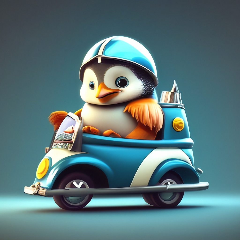 "Spherical funny penguin chick rides a car" — image created in Shedevrum