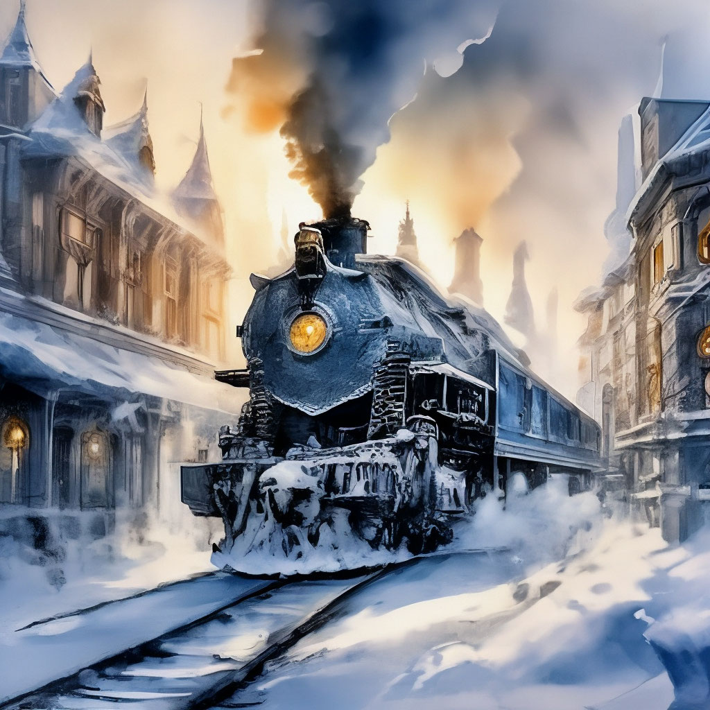 "Watercolor drawing, fantasy art book drawing, an old frozen steam ...
