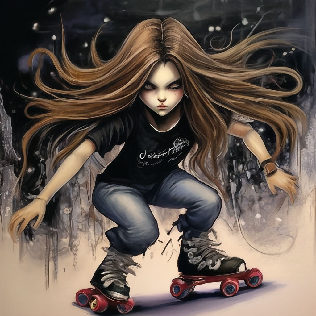"Nemesis, creep character, long brown hair, black eyes, dressed in a ...