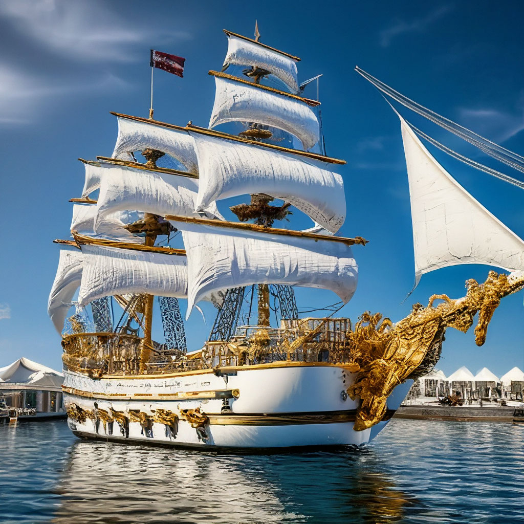 "Luxury pirate ship "white pearl" on the water, holography, parallax ...