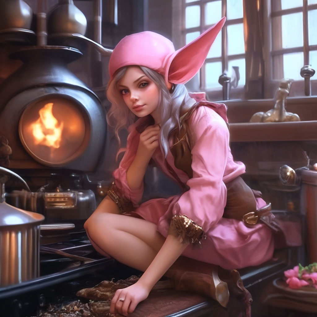 "A very kind, sweet, surreal elf in pink clothes, with pointed ears ...