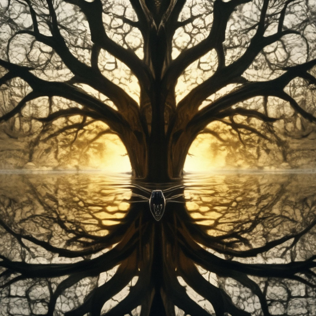 "Winter tree, summer tree, mirror reflection, abstractionism, glow from ...