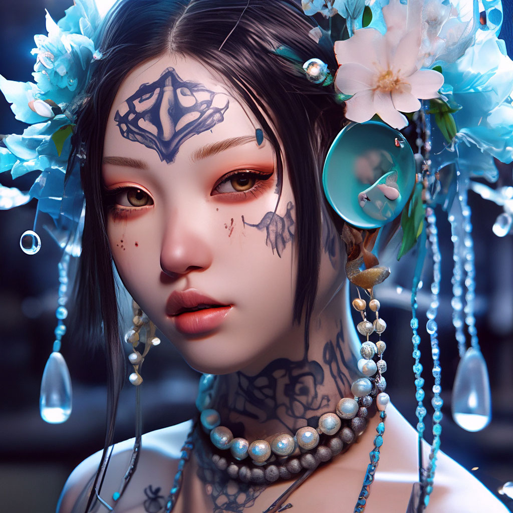 "Elemental-water cute japanese girl, moist skin, refined facial ...