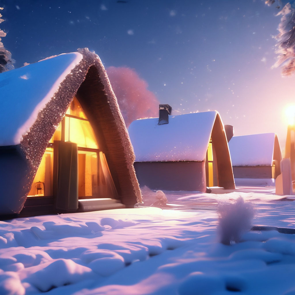 "Mud hut houses in winter in bright transparent colors, hyper realistic ...
