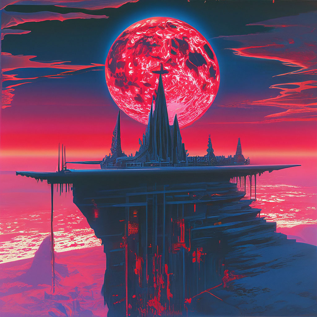 "The crimson moon sleeps on a high cliff" — image created in Shedevrum