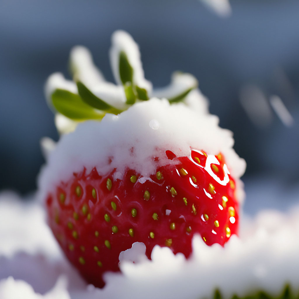 "One strawberry is covered with snow" — image created in Shedevrum