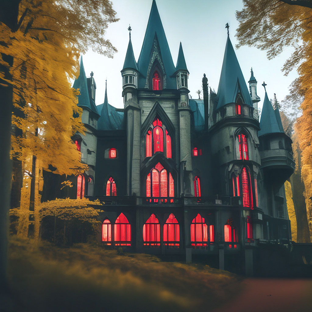 "Gothic mysterious dark castle with red stained glass windows in a ...