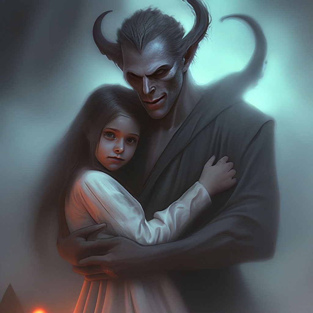"A creepy demon holds a girl in his arms, fog" — image created in Shedevrum