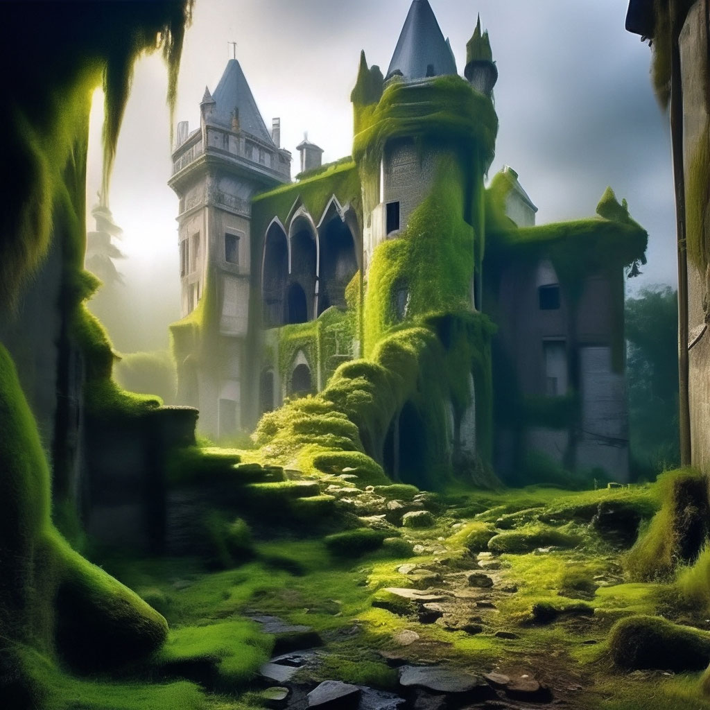 "Old abandoned castle moss on the walls fantasy world" — image created ...