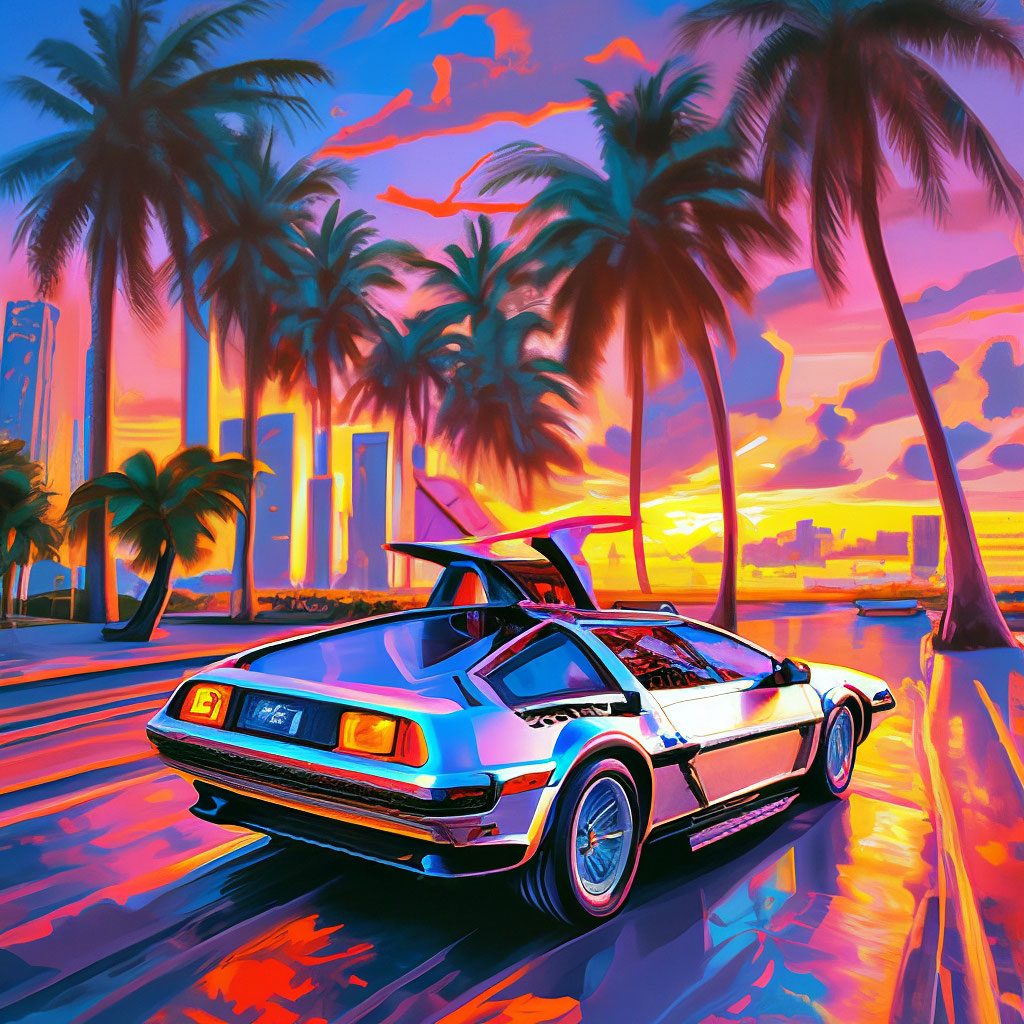 "Delorean rides into the sunset, neon, on the edges of palm trees ...