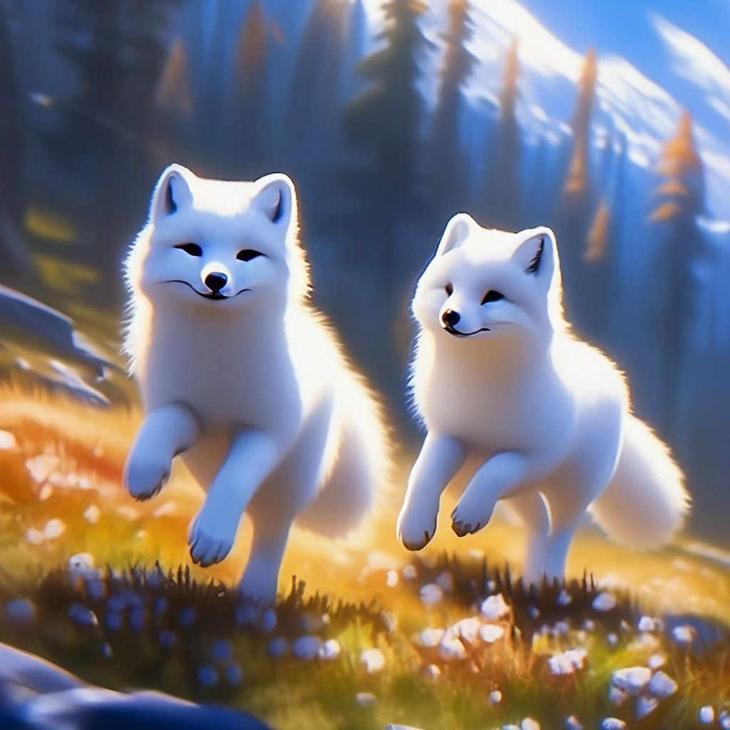 "Cute white arctic foxes, running, playing, tundra, anime realism ...