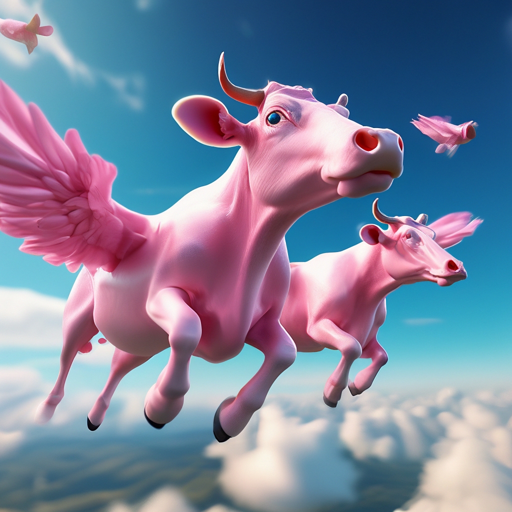 "Pink cows with wings,flying across the blue sky,32K, Sharpening ...