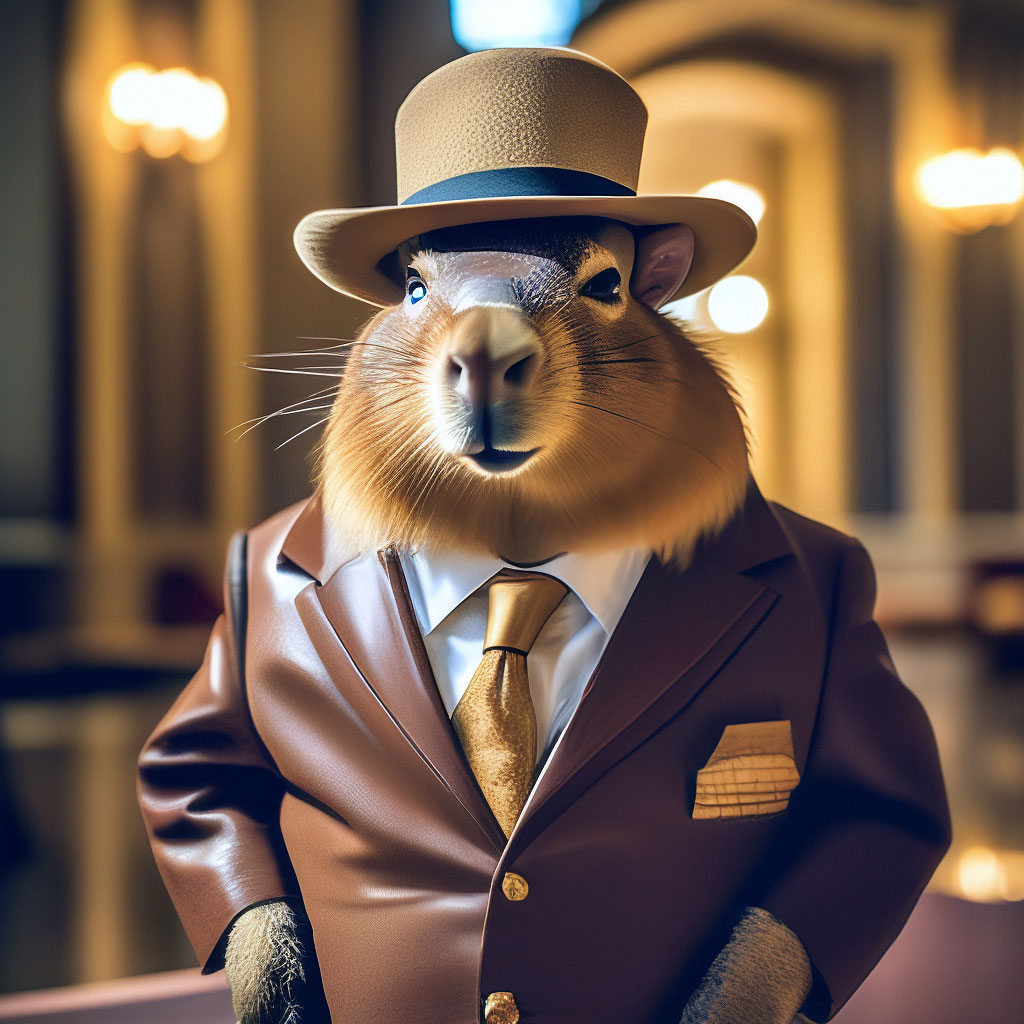 "A business capybara, in a brown jacket, with a hat on his head from ...