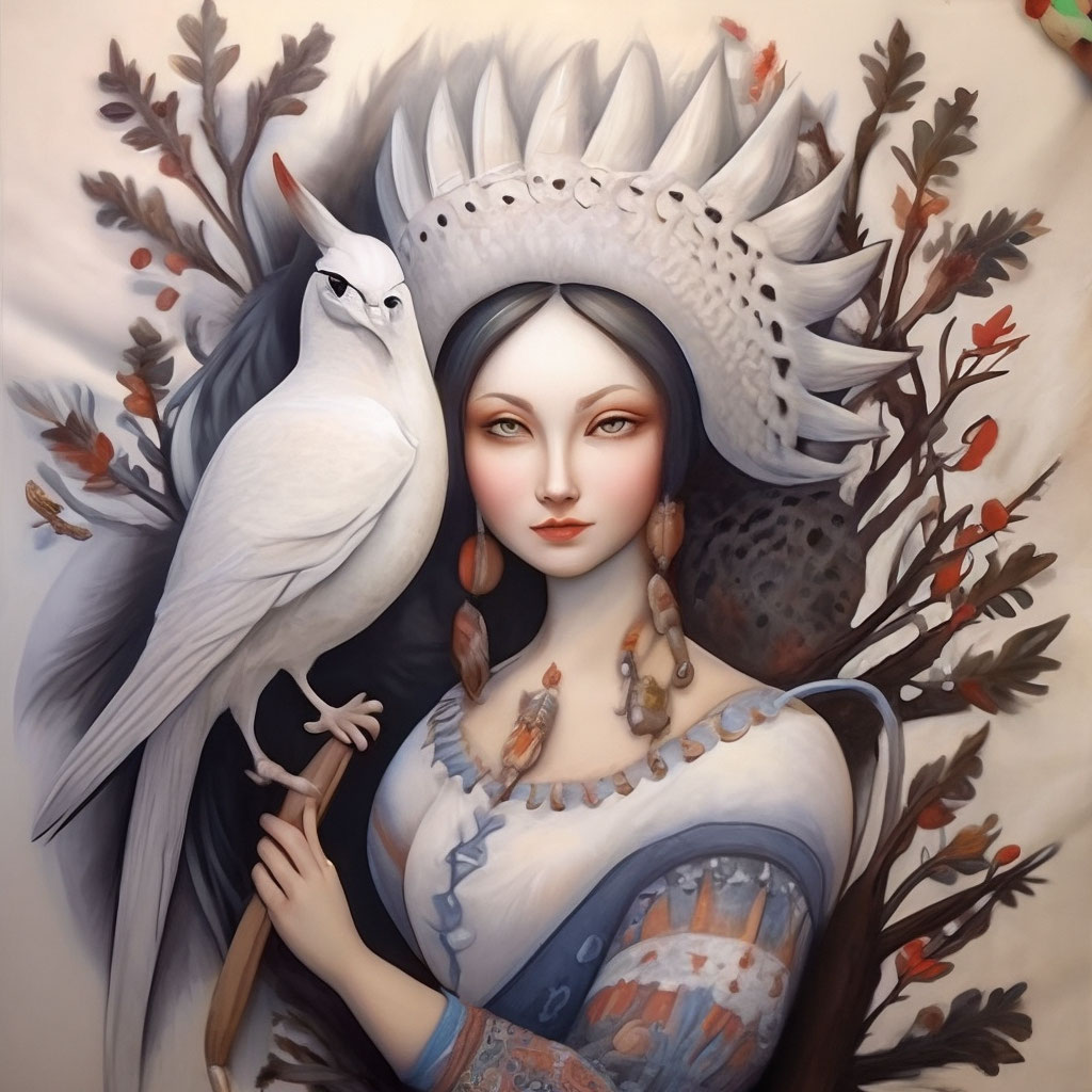 "The woman's head transforms into the body of the mythical bird Sirin ...