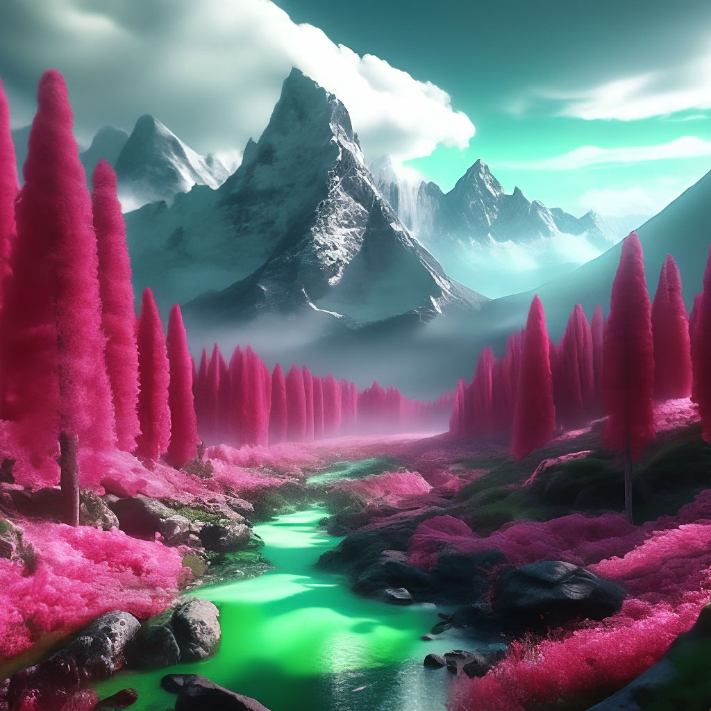 "Alien mint forest, majestic ruby mountains, black fluffy clouds, mint ...