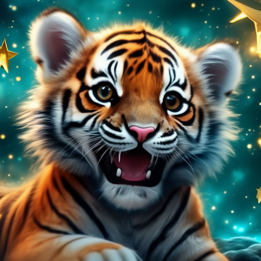 "Happy tiger cub, fluffy moon, circular motion, turquoise stars, silver ...