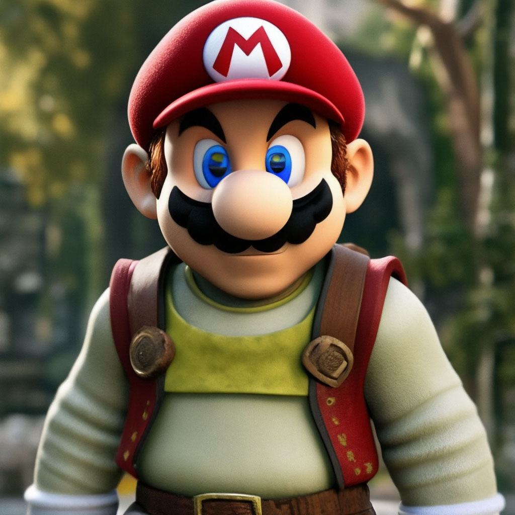 "Mario in a Shrek costume" — image created in Shedevrum