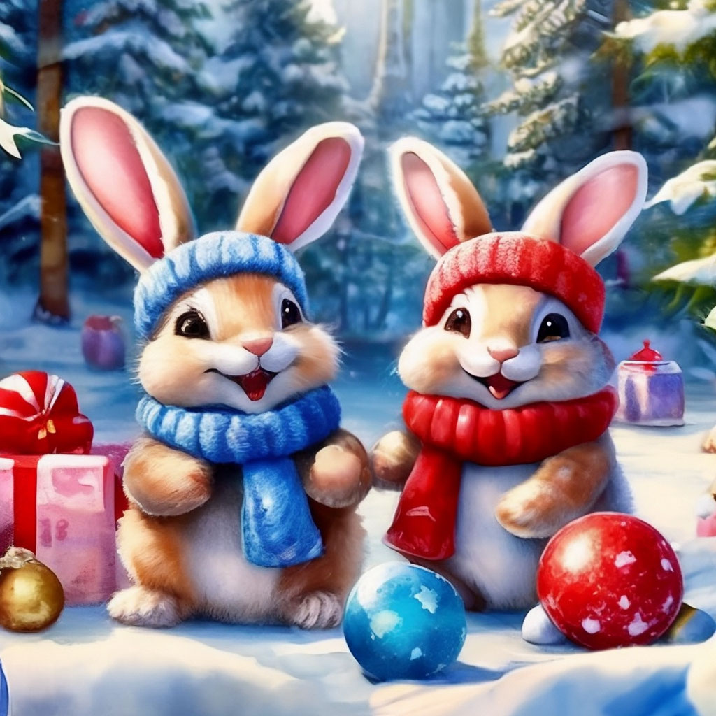 "Postcard, watercolor, two beautiful rabbits, in knitted red, blue ...
