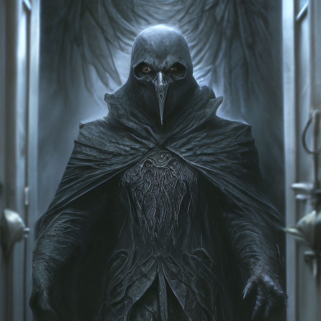 "A man in black, full-length, walks through the door, in an owl mask ...
