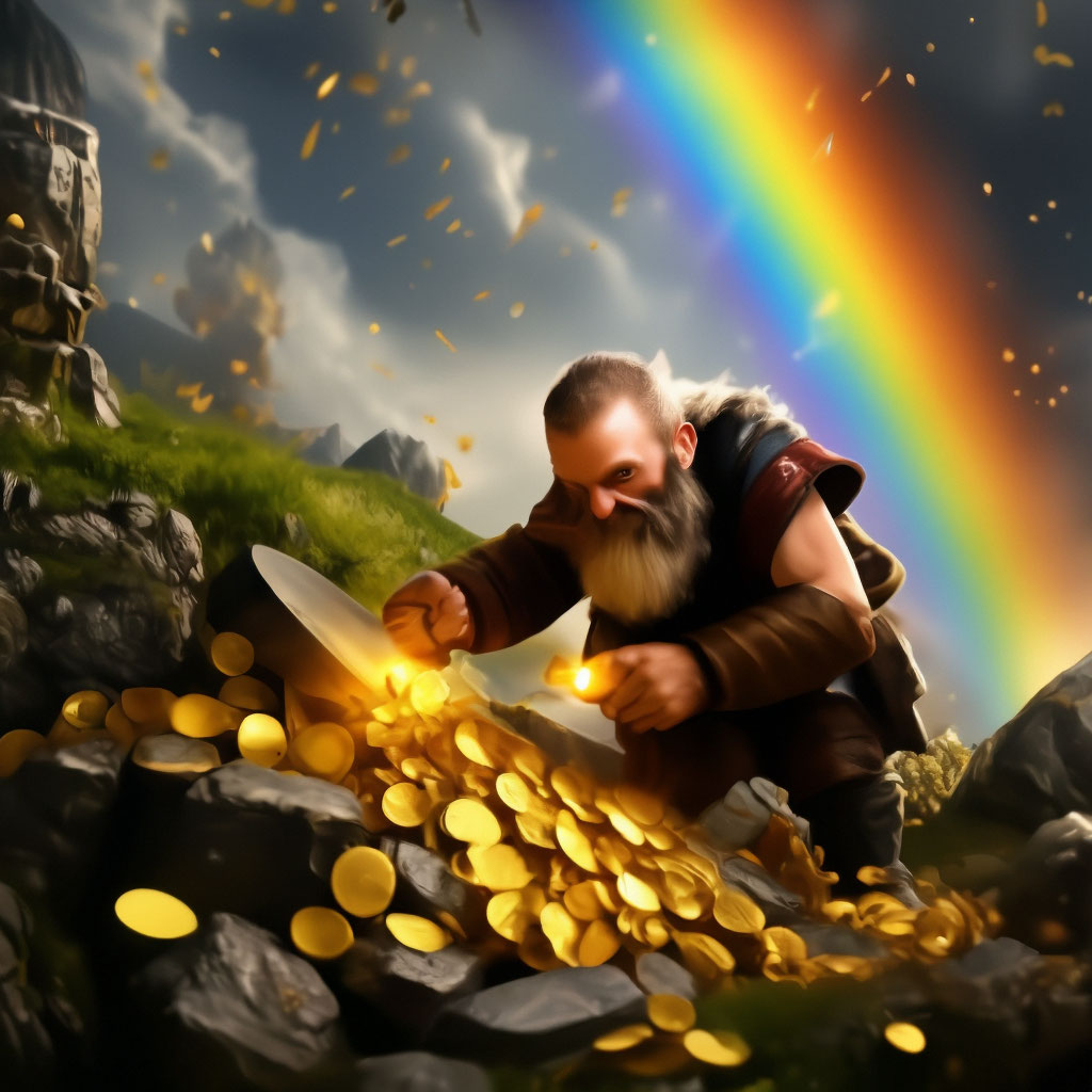 "Dwarves draw gold under a rainbow" — image created in Shedevrum