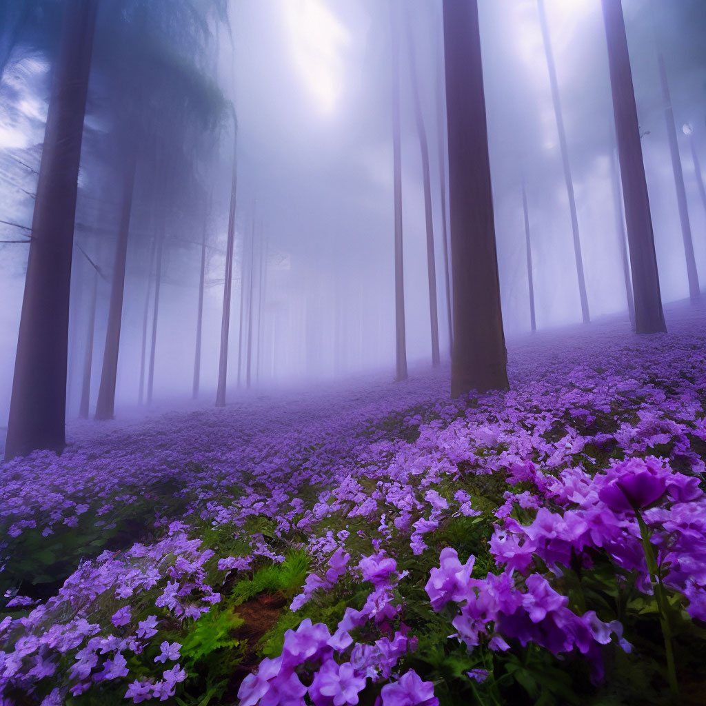 "Huge flowers,fog,forest of flowers, purple+lavender colors, dim ...