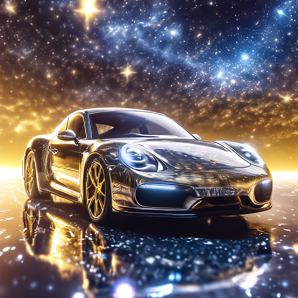 "Crystal diamond Porsche car with a glowing cosmos inside and a subtle ...