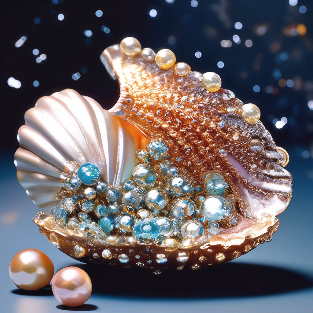 "Realism metamorphosis a shell with a pearl of diamonds, water drops of ...