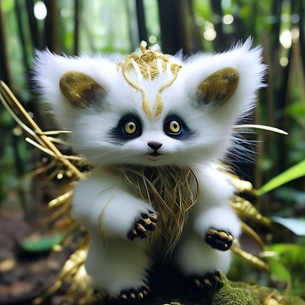 "Pandarel Alien fluffy little hybrid, big eyes, huge wings with gold ...