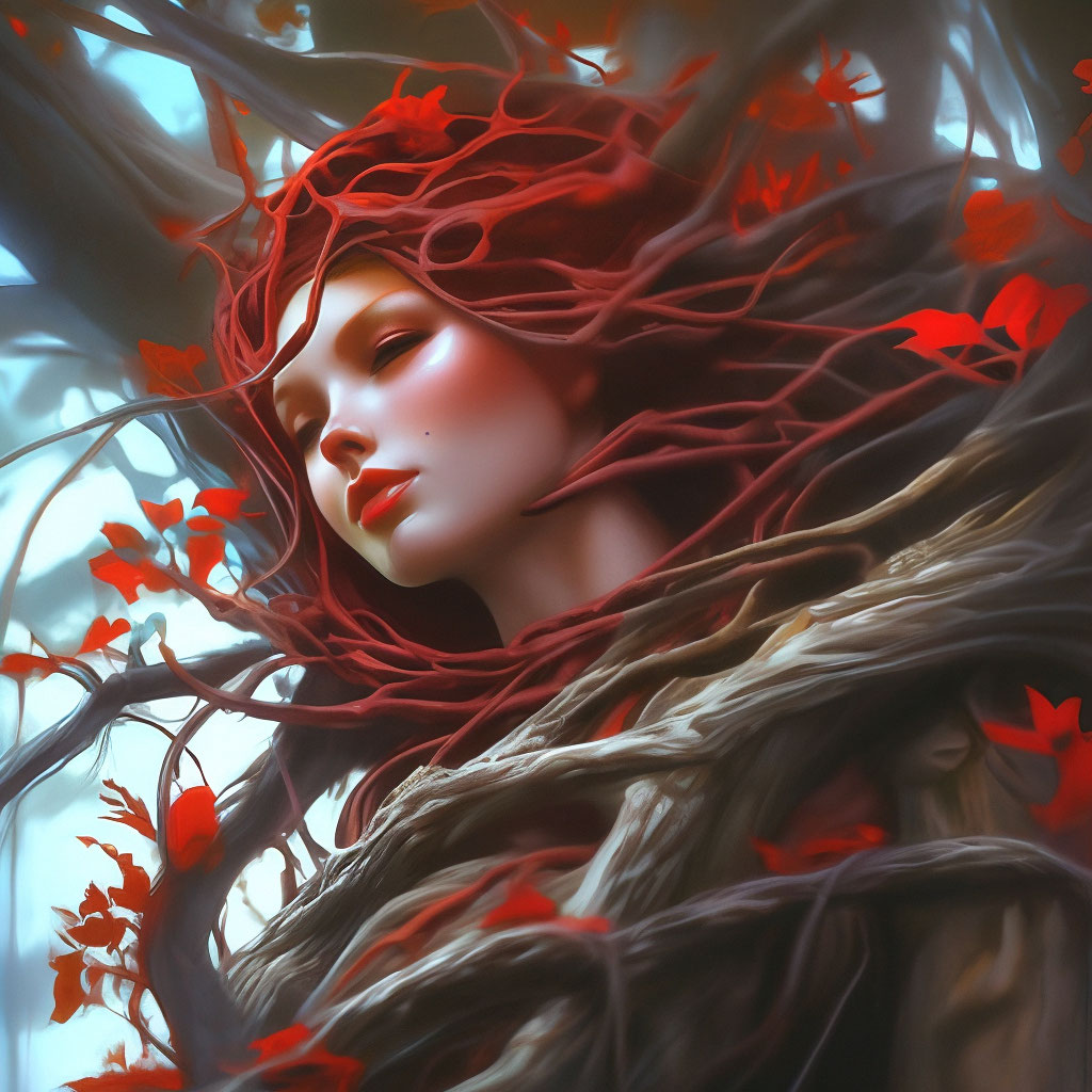 "A beautiful dryad in a tree trunk, branches bound bodies, a single ...