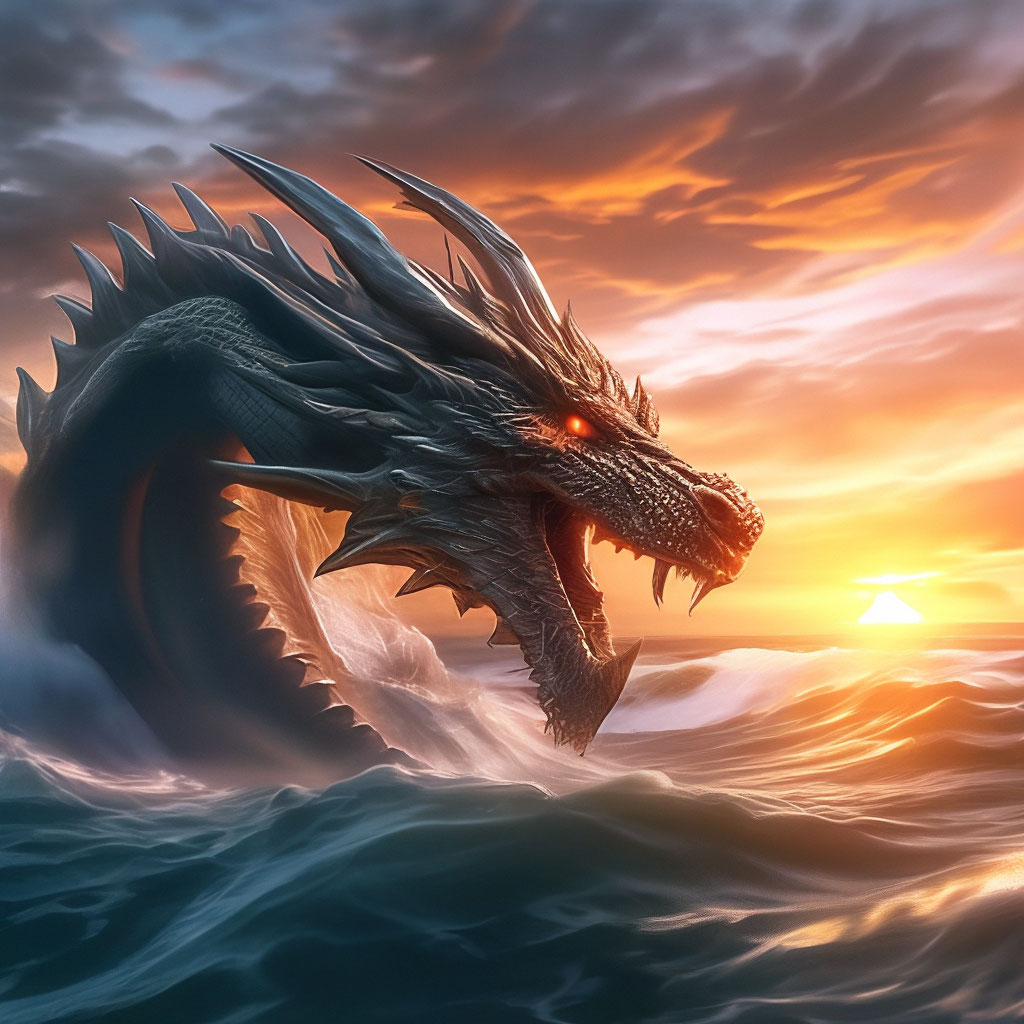 "Sea, sunset, dragon emerges from the water,hyperreality" — image ...
