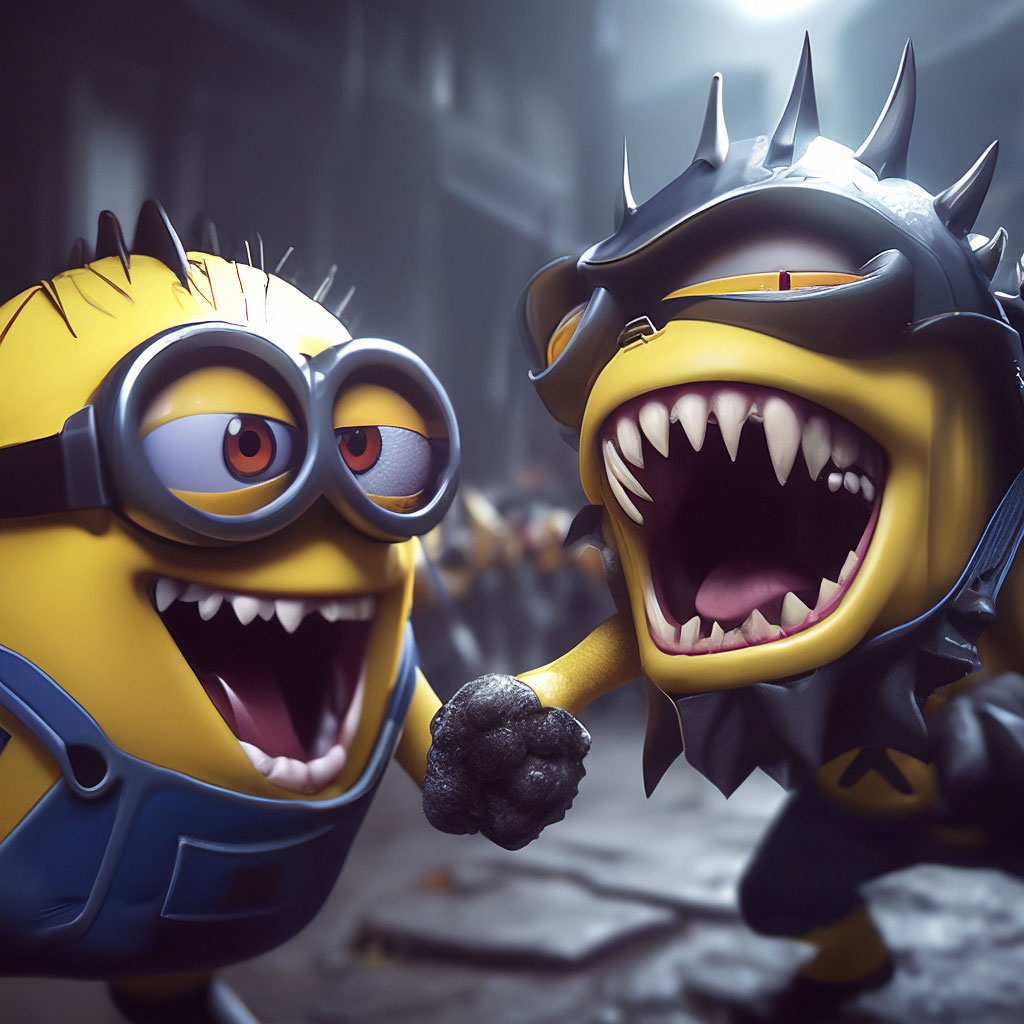 "Minion fight, horror style, teeth, fangs, horror, horror, scary, dark ...