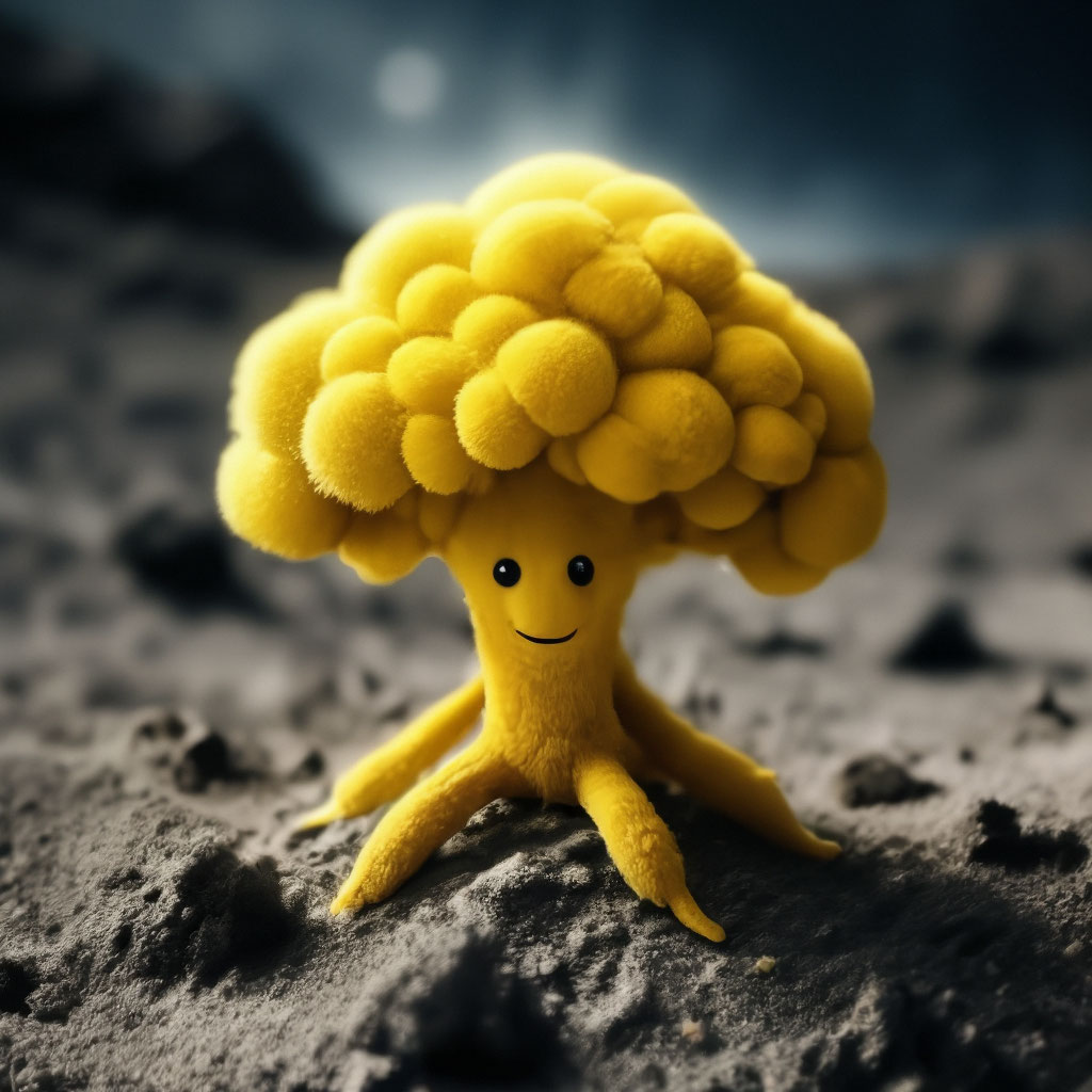 "A small fluffy yellow alien broccoli sits on the moon" — image created ...