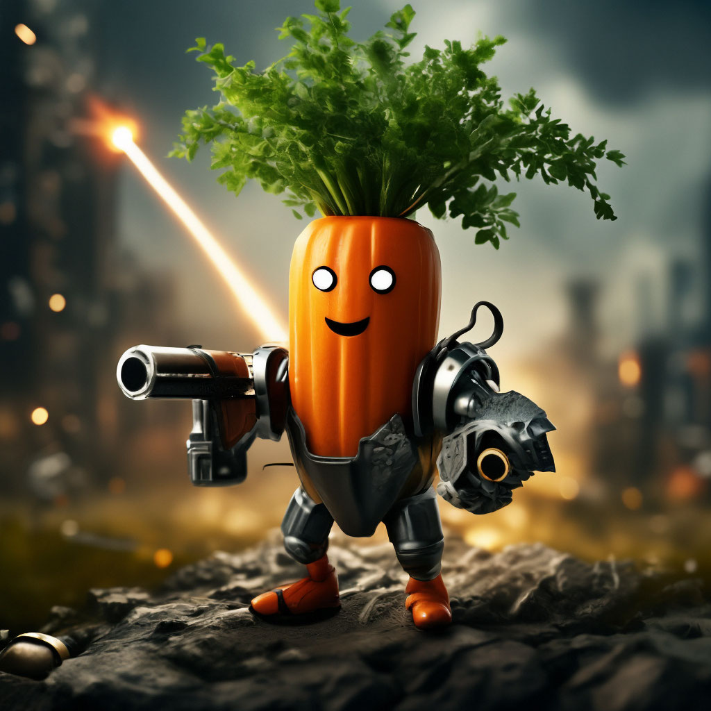 "Fighting carrot charges the machine" — image created in Shedevrum