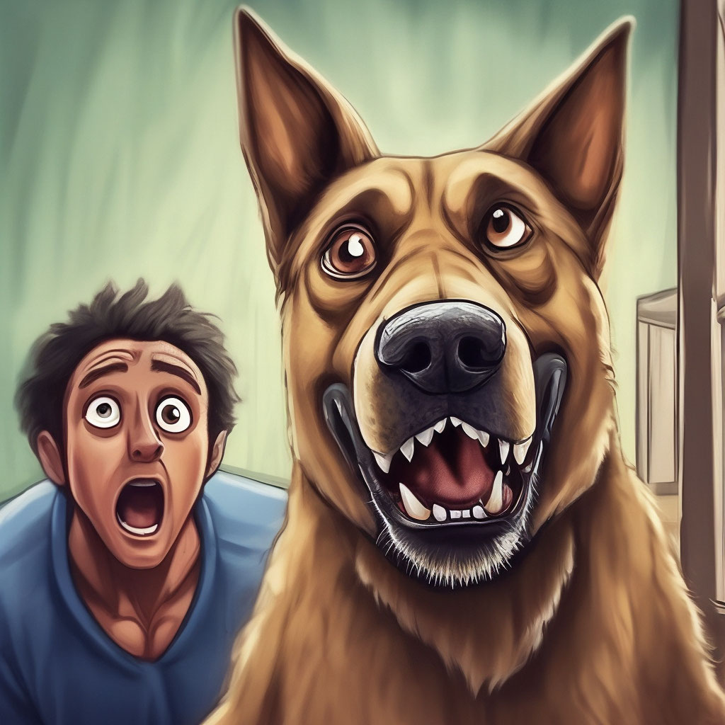"A big, very scared dog with eyes bulging with fright, funny, jumped ...
