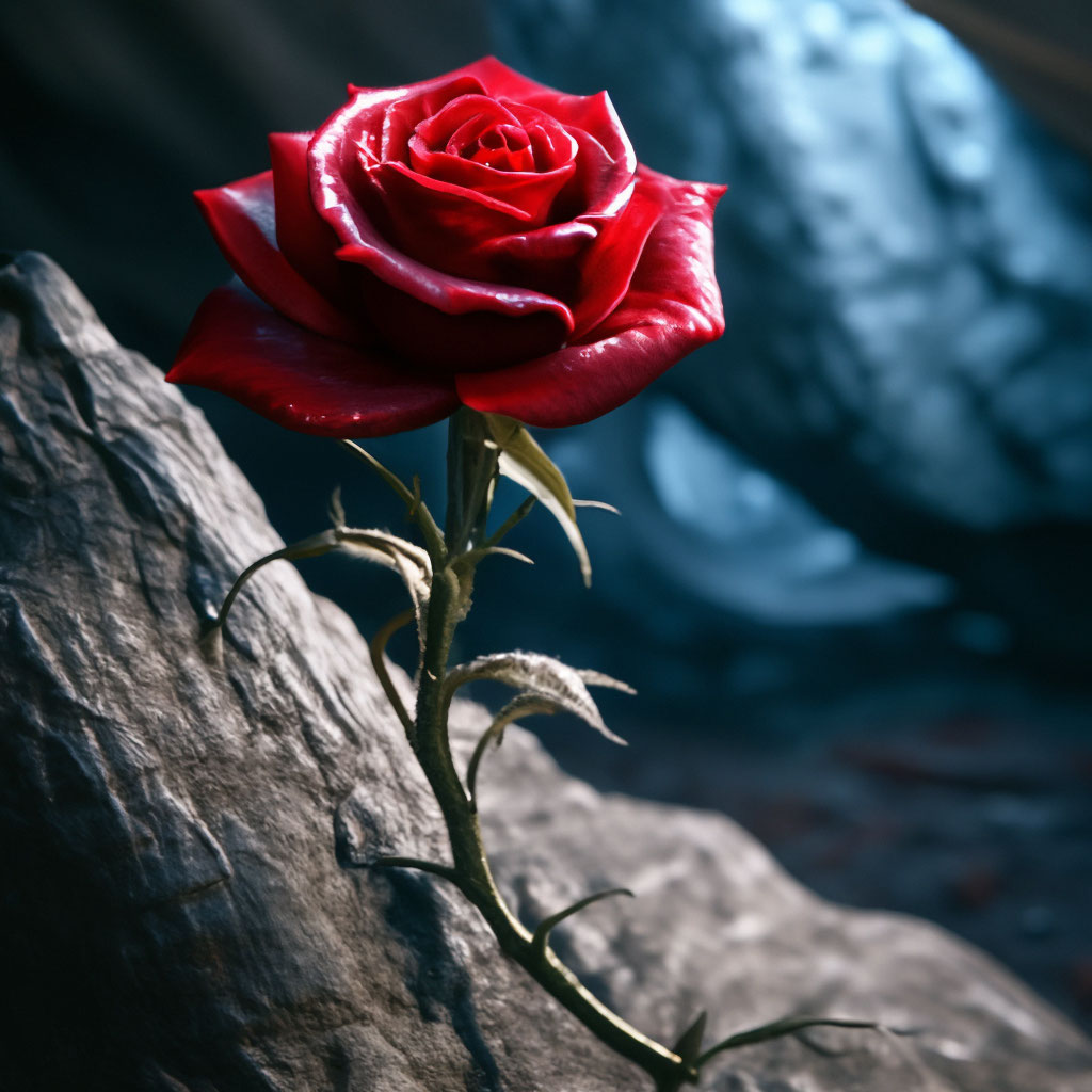 "A realistic scarlet rose flower, a long curving stem with sharp thorns ...