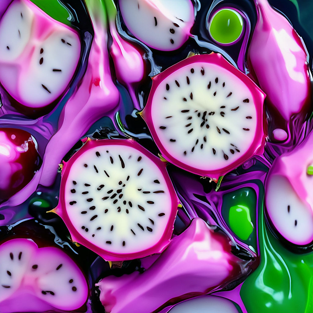 "Pink and white, shiny pitahaya slices in a section with black seeds ...