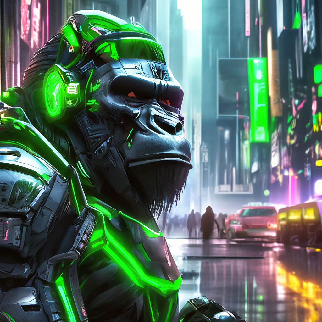 "Cyber gorilla is black and green, the background is a futuristic city ...
